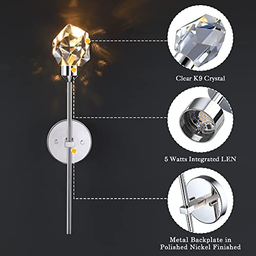 Untrammelife Indoor Wall Sconce Lighting Polished Nickel Wall Lamp 8W LED Crystal Wall Light 3 Color Temperatures Hardwired Indoor Wall Mounted Light Fixtures for Living Room,Bedroom,Bathroom