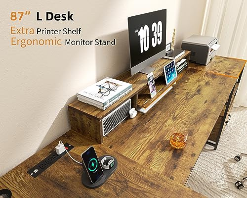 VEELOK L Shaped Desk - 87" L Shaped Gaming Desk with Power Outlet & Monitor Shelf, Home Office Corner Computer Desk with Printer Shelf & File Drawer, Rustic Brown