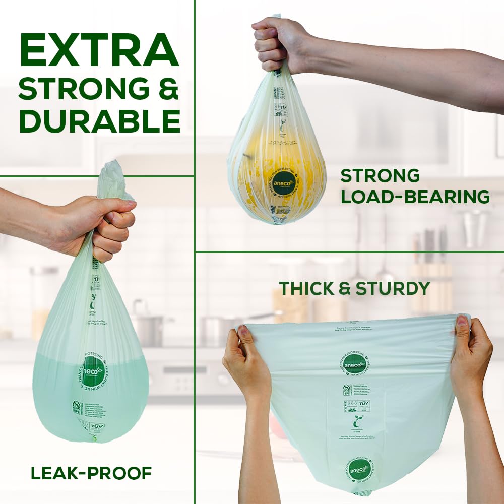 ANECO 100% Home Compostable Food Waste Bags (1.6 Gallon Trash Bags, 50 Count), Small Kitchen Compost Bags for Countertop Bin, Certified by BPI (ASTM D6400), TUV Austria & OK Compost Home