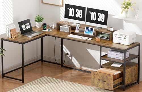 VEELOK L Shaped Desk - 87" L Shaped Gaming Desk with Power Outlet & Monitor Shelf, Home Office Corner Computer Desk with Printer Shelf & File Drawer, Rustic Brown