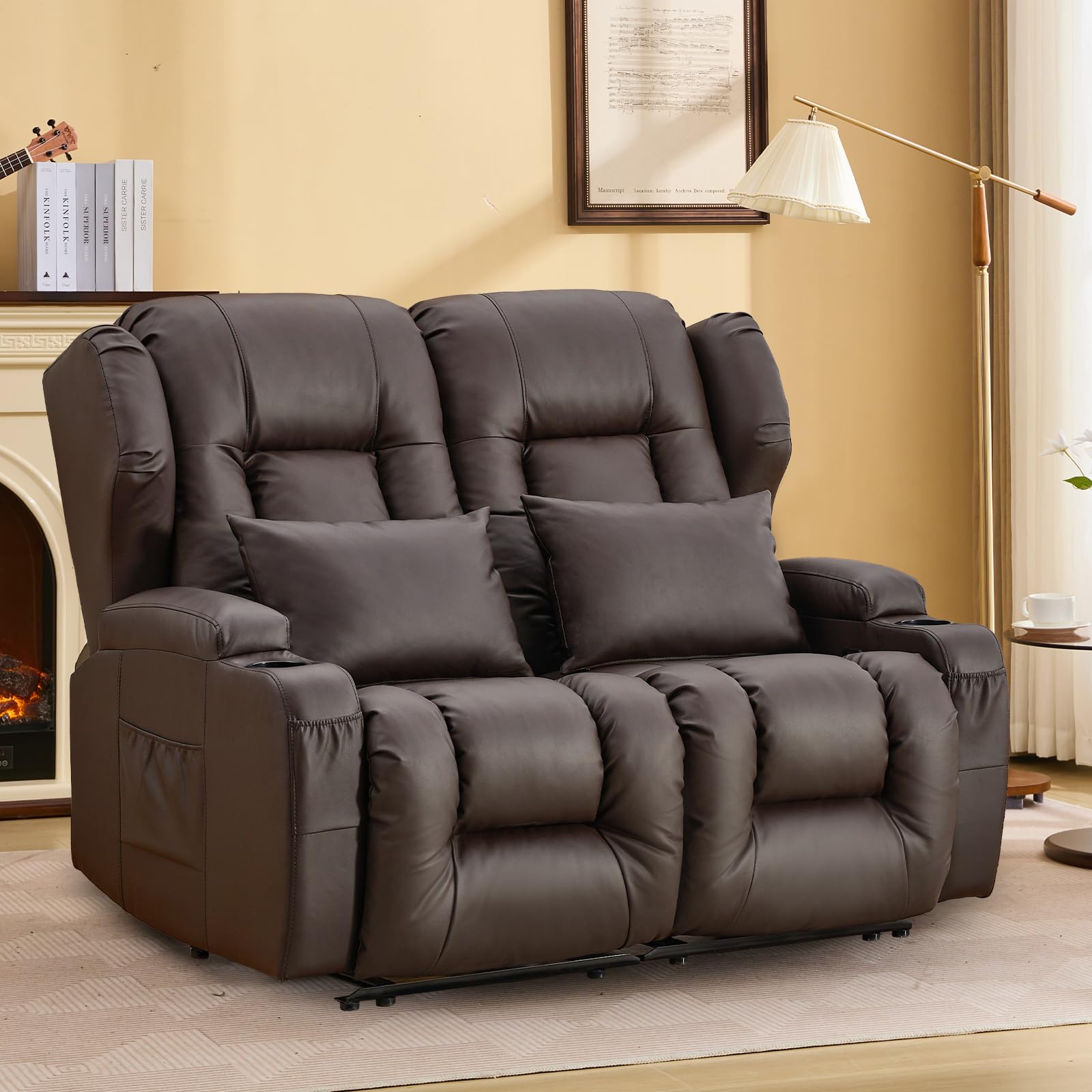 IPKIG 54.2" RV Loveseat Recliner | Double Recliner RV Sofa with Side Pockets | Faux Leather Reclining RV | RV Theater Seats |RV Theater Seating | RV Furniture, Manual Recliner Chair (Brown)
