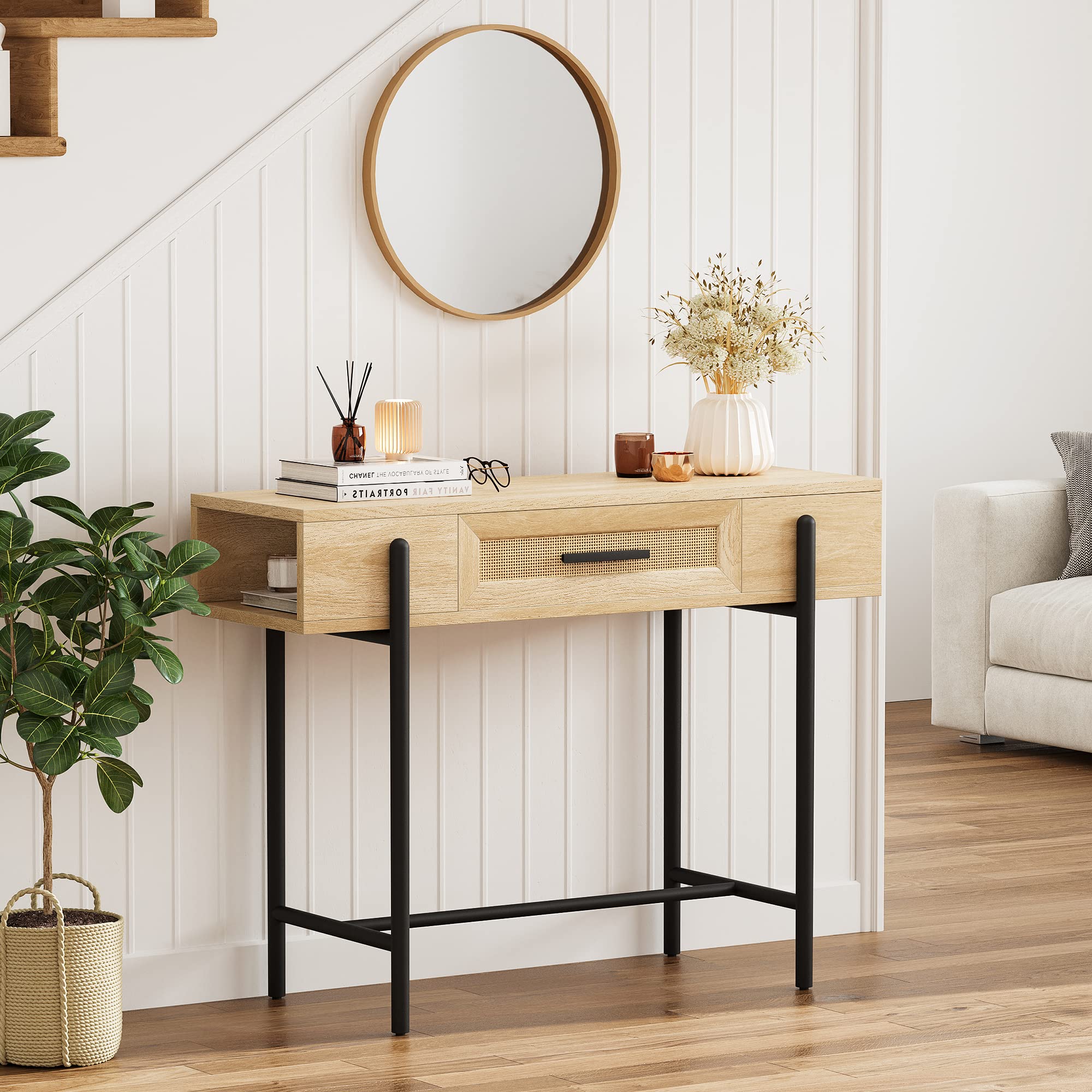 IDEALHOUSE Console Table Rattan Sofa Tables Narrow Entryway Table with Drawer and Storage, 40” Behind Couch Table Hallway Table Boho Desk Home Furniture for Living Room, Foyer, Bedroom
