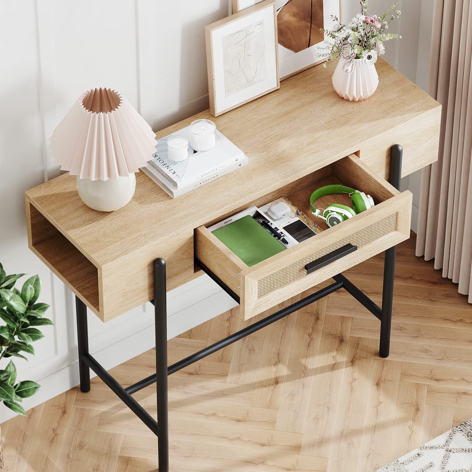 IDEALHOUSE Console Table Rattan Sofa Tables Narrow Entryway Table with Drawer and Storage, 40” Behind Couch Table Hallway Table Boho Desk Home Furniture for Living Room, Foyer, Bedroom