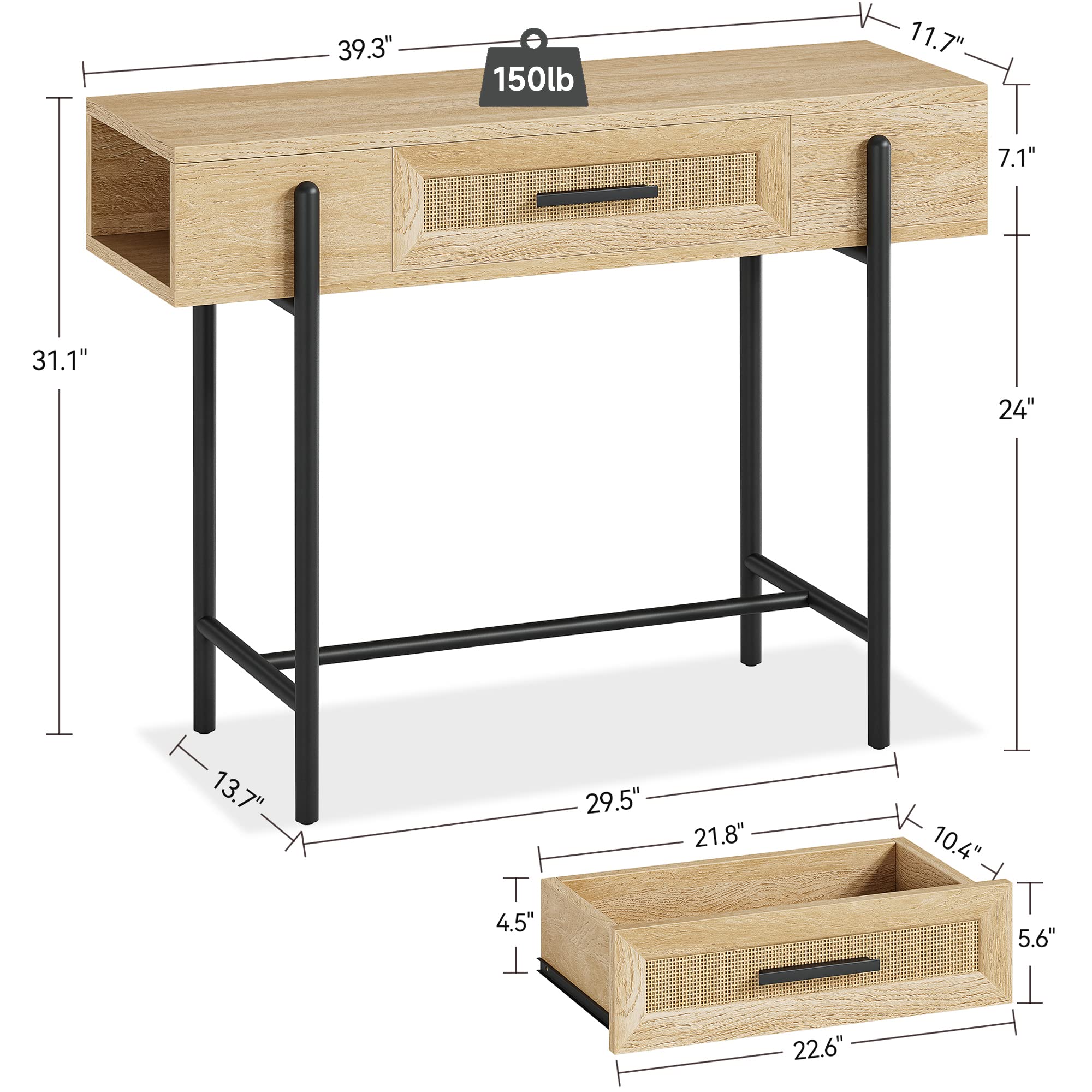 IDEALHOUSE Console Table Rattan Sofa Tables Narrow Entryway Table with Drawer and Storage, 40” Behind Couch Table Hallway Table Boho Desk Home Furniture for Living Room, Foyer, Bedroom