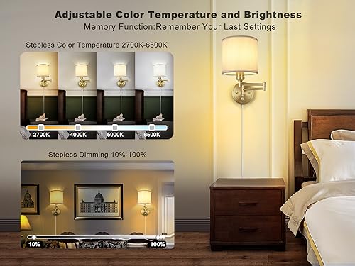 Plug in Wall Sconces with Remote Control, Dimming 10%-100% & Adjustable Colors 2700K-6500K, Hardwire or Plug-in, Swing Arm Wall Lamp with White Fabric Shade, Wall Sconces Set of Two, Gold Finish