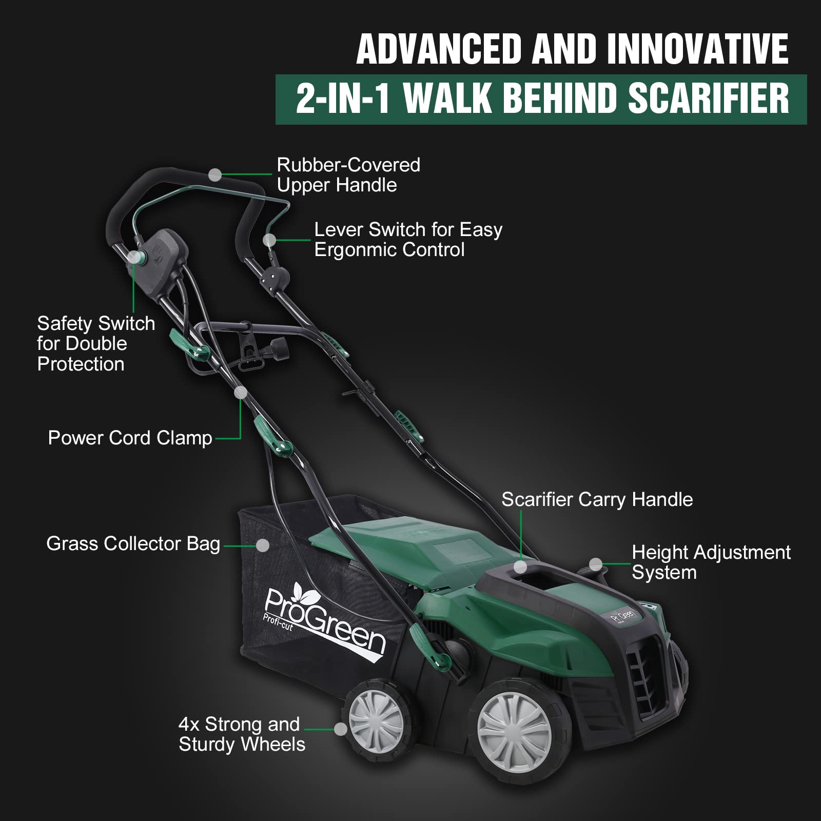 2-in-1 16" Walk Behind Scarifier, 15 Amp Electric Dethatcher Scarifier, Lawn Dethatcher for Yard Lawn Garden Care, Removable Collection Bag Extra Large 58QT (16 inch)