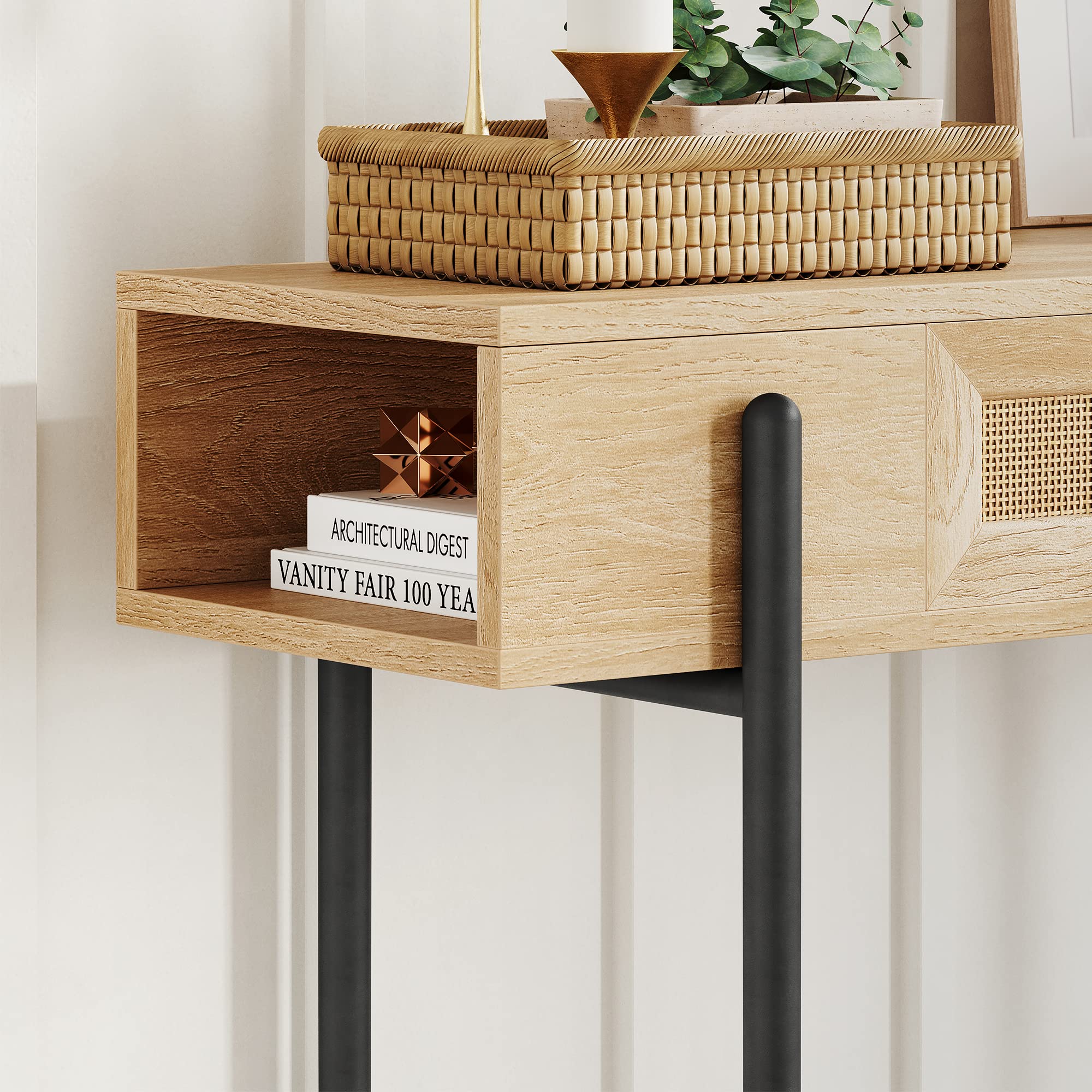 IDEALHOUSE Console Table Rattan Sofa Tables Narrow Entryway Table with Drawer and Storage, 40” Behind Couch Table Hallway Table Boho Desk Home Furniture for Living Room, Foyer, Bedroom