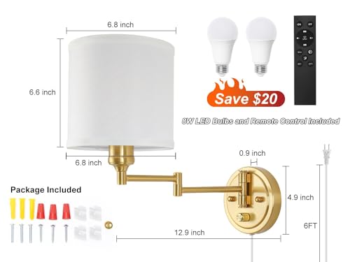 Plug in Wall Sconces with Remote Control, Dimming 10%-100% & Adjustable Colors 2700K-6500K, Hardwire or Plug-in, Swing Arm Wall Lamp with White Fabric Shade, Wall Sconces Set of Two, Gold Finish