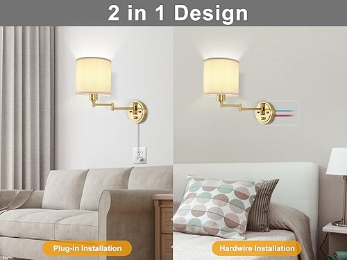 Plug in Wall Sconces with Remote Control, Dimming 10%-100% & Adjustable Colors 2700K-6500K, Hardwire or Plug-in, Swing Arm Wall Lamp with White Fabric Shade, Wall Sconces Set of Two, Gold Finish