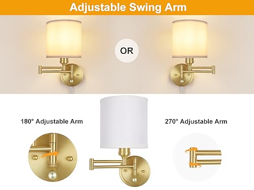 Plug in Wall Sconces with Remote Control, Dimming 10%-100% & Adjustable Colors 2700K-6500K, Hardwire or Plug-in, Swing Arm Wall Lamp with White Fabric Shade, Wall Sconces Set of Two, Gold Finish