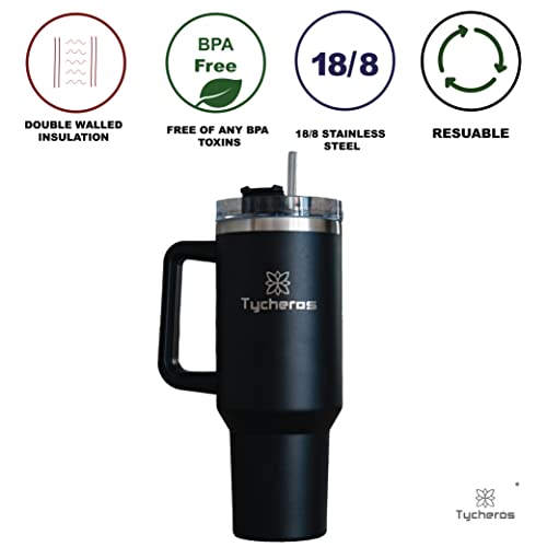 Tycheros 40 oz Tumbler with Handle and Straw- Reusable Vacuum Stainless Steel Insulated Water Bottle- Travel Mug that Keeps drink Hot OR Cold for Hours (blue)