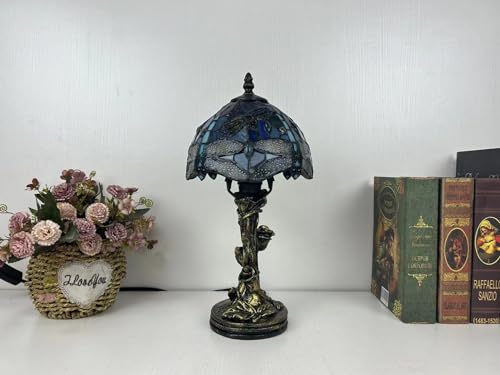LGWW Tiffany Style Table Lamp Dragonfly Style Rose Base Stained Glass Bedside Lamp Antique Luxurious Bedside Desk Reading Light 15X8X8 Desk Light Metal Base Decor Bedroom Living Room Home Office
