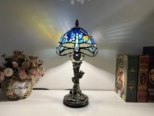 LGWW Tiffany Style Table Lamp Dragonfly Style Rose Base Stained Glass Bedside Lamp Antique Luxurious Bedside Desk Reading Light 15X8X8 Desk Light Metal Base Decor Bedroom Living Room Home Office