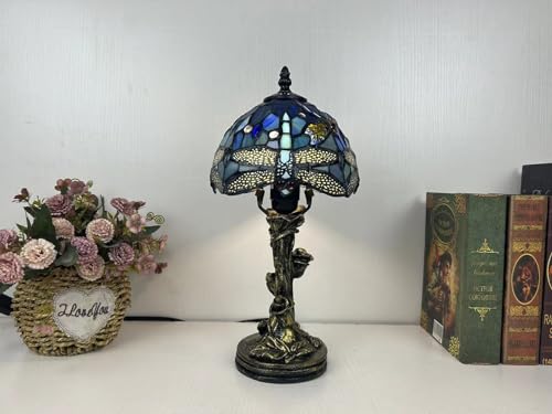 LGWW Tiffany Style Table Lamp Dragonfly Style Rose Base Stained Glass Bedside Lamp Antique Luxurious Bedside Desk Reading Light 15X8X8 Desk Light Metal Base Decor Bedroom Living Room Home Office