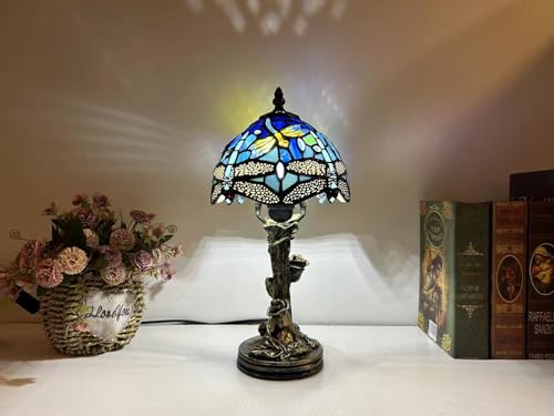 LGWW Tiffany Style Table Lamp Dragonfly Style Rose Base Stained Glass Bedside Lamp Antique Luxurious Bedside Desk Reading Light 15X8X8 Desk Light Metal Base Decor Bedroom Living Room Home Office