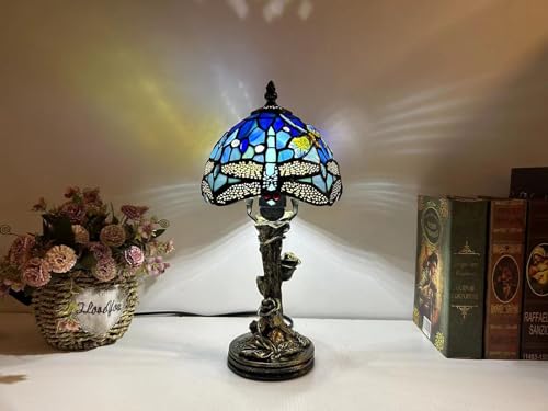 LGWW Tiffany Style Table Lamp Dragonfly Style Rose Base Stained Glass Bedside Lamp Antique Luxurious Bedside Desk Reading Light 15X8X8 Desk Light Metal Base Decor Bedroom Living Room Home Office