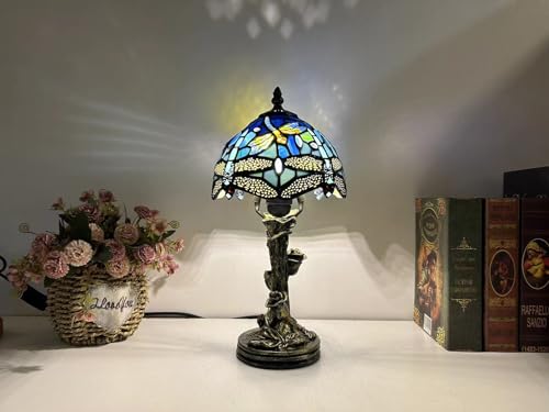 LGWW Tiffany Style Table Lamp Dragonfly Style Rose Base Stained Glass Bedside Lamp Antique Luxurious Bedside Desk Reading Light 15X8X8 Desk Light Metal Base Decor Bedroom Living Room Home Office