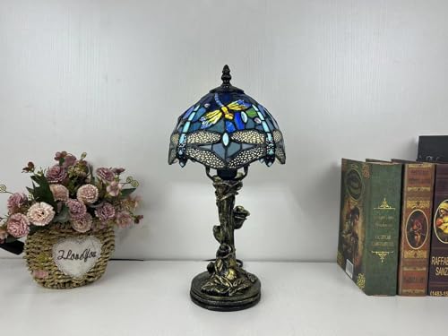 LGWW Tiffany Style Table Lamp Dragonfly Style Rose Base Stained Glass Bedside Lamp Antique Luxurious Bedside Desk Reading Light 15X8X8 Desk Light Metal Base Decor Bedroom Living Room Home Office