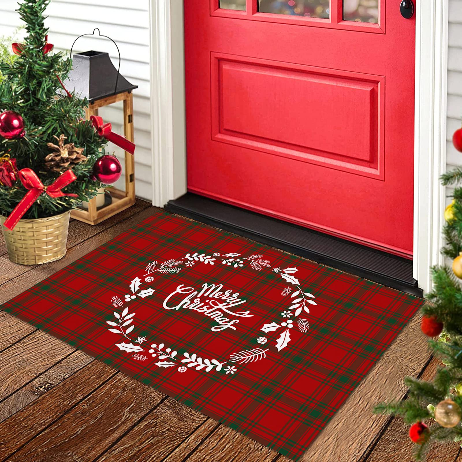 Welcome Mats for Front Door, Merry Christmas Red Holly Plaid Non Slip Entrance Indoor Doormat Funny Door Mats Rugs, Green Berry Bathroom Floor Mat - Low Profile&Machine Washable Mat16 x24