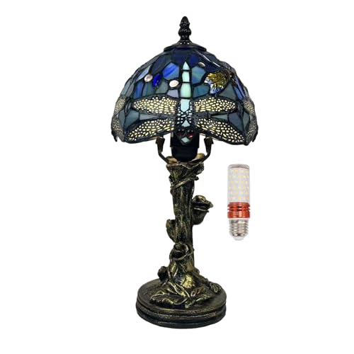 LGWW Tiffany Style Table Lamp Dragonfly Style Rose Base Stained Glass Bedside Lamp Antique Luxurious Bedside Desk Reading Light 15X8X8 Desk Light Metal Base Decor Bedroom Living Room Home Office