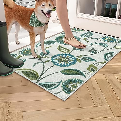 KIMODE Floral Door Mat 24''x36'', Washable Non-Slip Entryway Rugs Indoor,Front Indoor Doormat,Low-Pile Distressed Plant Print Throw Rug for Entrance/Kitchen/Hallway/High Traffic Areas