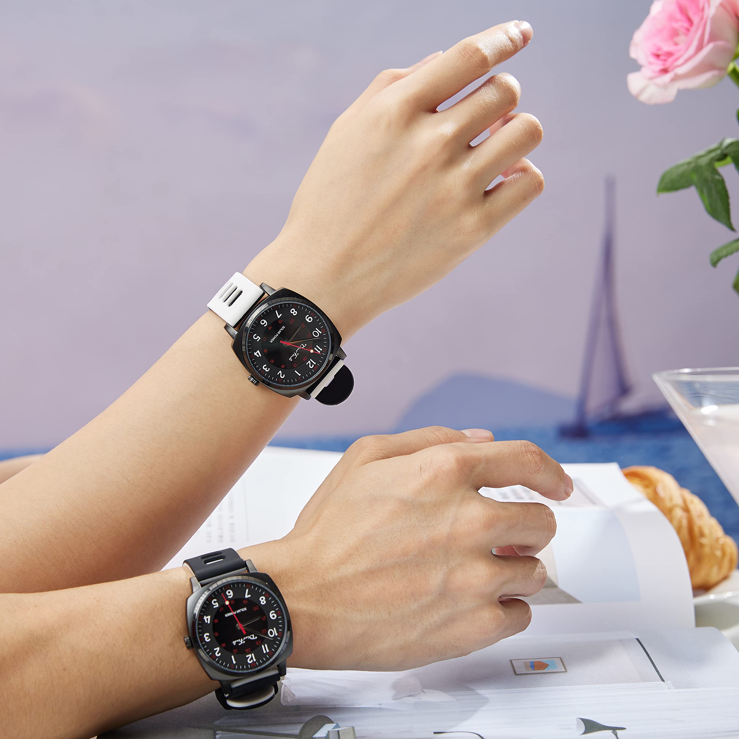 Diaofendi Solar Powered Watch for Women/Man/Nurse, Watch with 24 Hour Second Hand,Military Time Easy Read Dial (Silver/White Black)