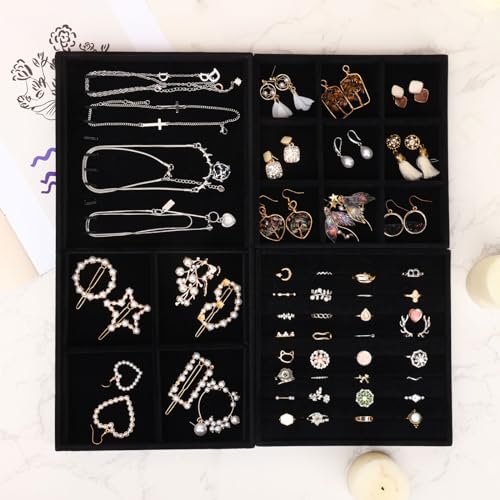 Fixwal Jewelry Tray for Drawers Set of 3, 14in Stackable Jewelry Organizer, Jewelry Storage for Earring, Necklace, Bracelet, Watch with Removable Divider, Black