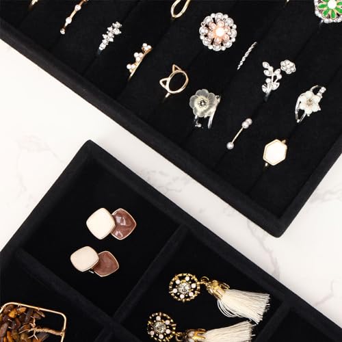 Fixwal Jewelry Tray for Drawers Set of 3, 14in Stackable Jewelry Organizer, Jewelry Storage for Earring, Necklace, Bracelet, Watch with Removable Divider, Black