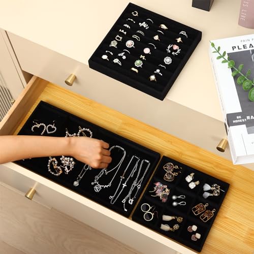 Fixwal Jewelry Tray for Drawers Set of 3, 14in Stackable Jewelry Organizer, Jewelry Storage for Earring, Necklace, Bracelet, Watch with Removable Divider, Black