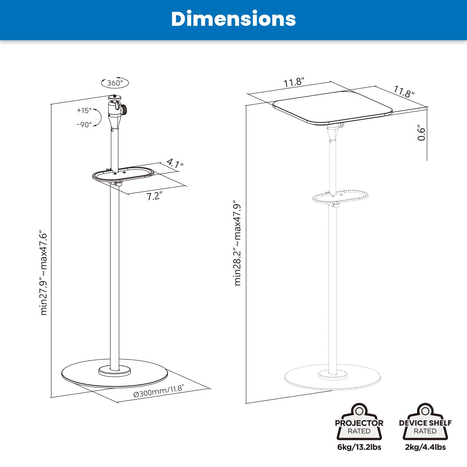 Mount-It! Dual Use Projector Stand, 2 Mounting Options: 1/4" Screw and Platform Portable Projector Stand For Mini Projectors Adjustable Height Floor Stand 13.2 lb load, For Home, Office, Studio, DJs