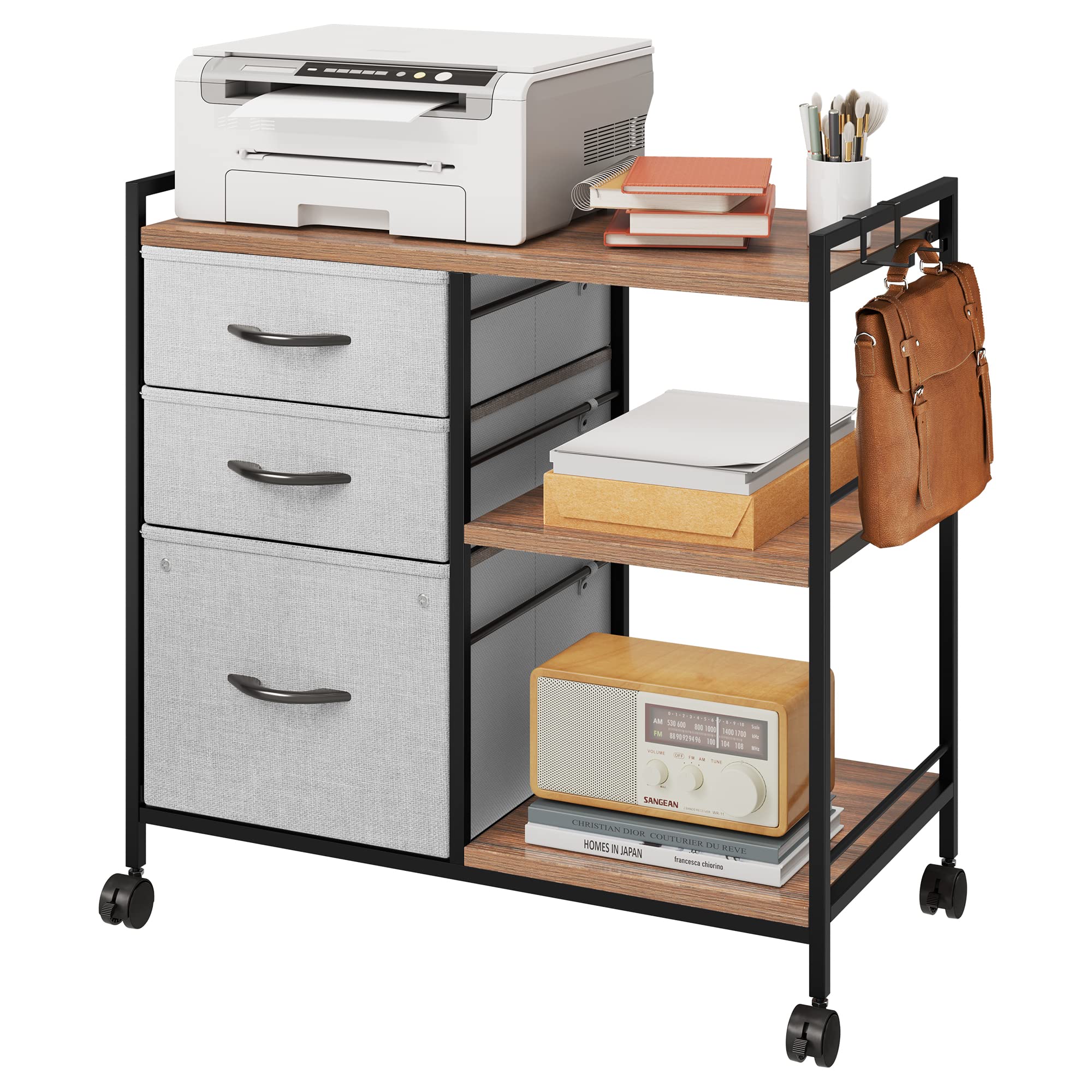 YITAHOME 3 Drawer Lateral File Cabinet, Mobile Printer Stand with Open Storage Shelf and Hook, Rolling Fabric Filing Cabinet for Home Office, Fits A4/Letter Size, Light Grey