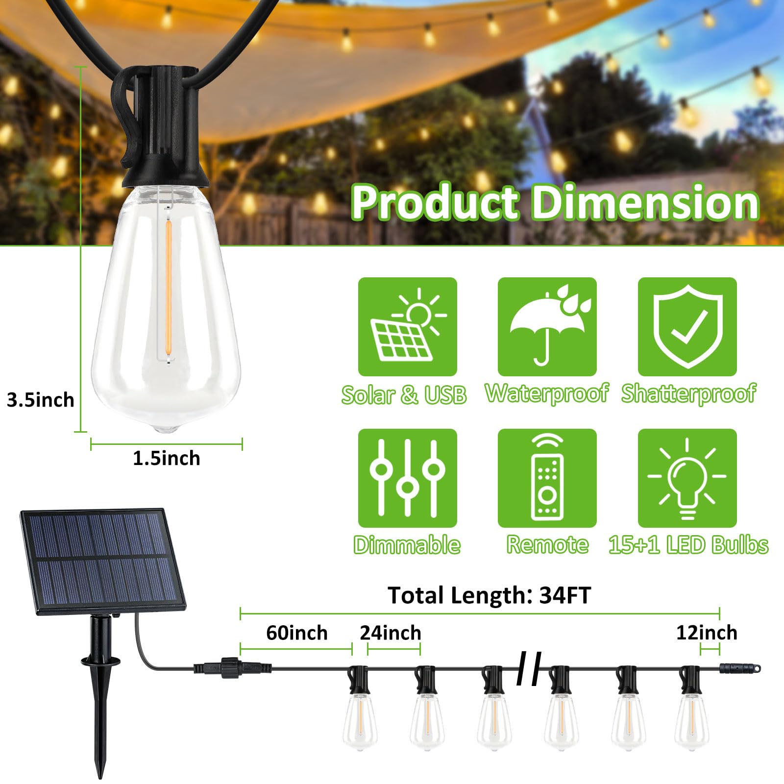 Kondras ST38 Solar String Lights 34FT