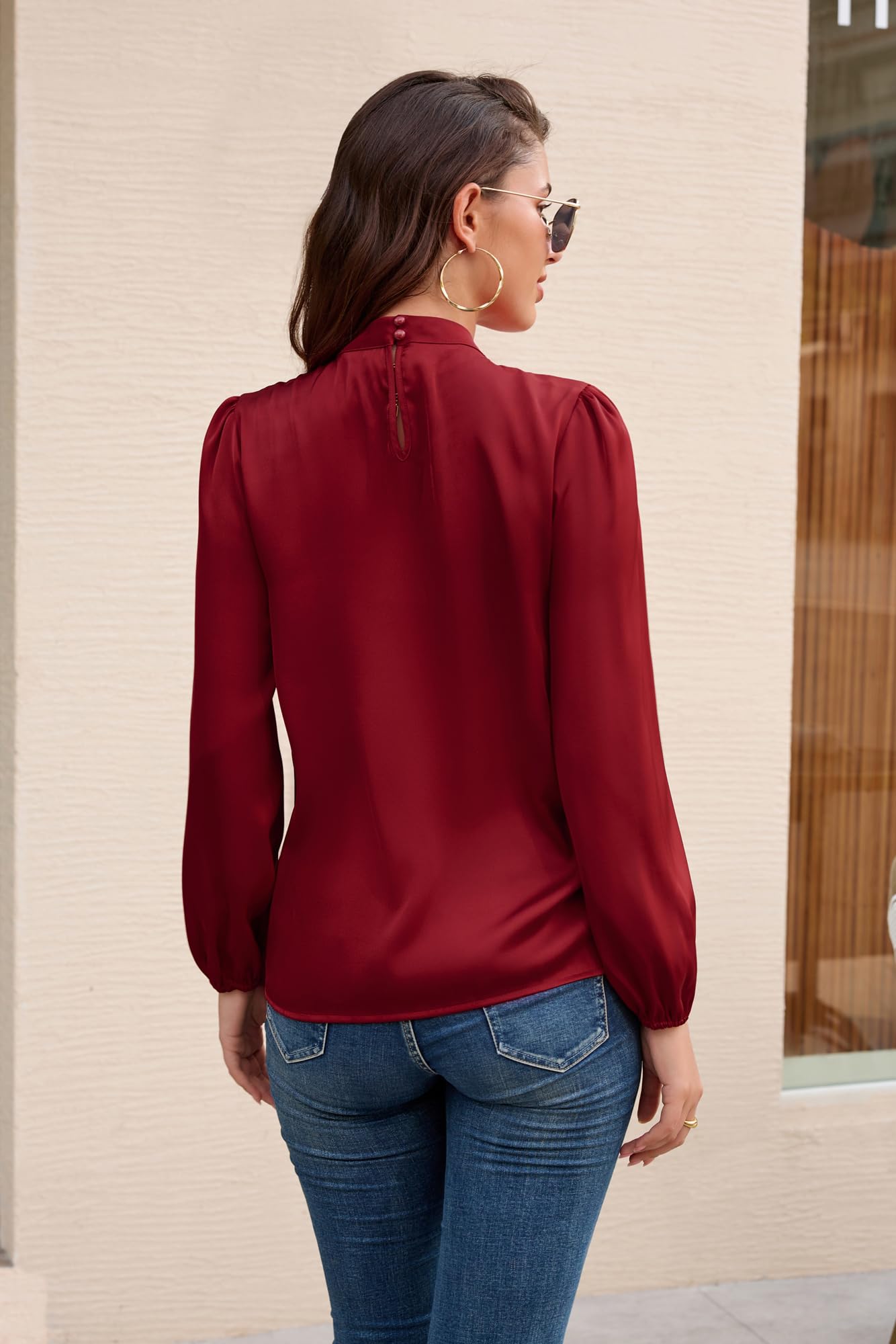 Ladies Workwear 2023 Trendy Summer Fall Mock Neck Lantern Long Sleeve Blouse Shirt Twist Front Top Wine Red XXL