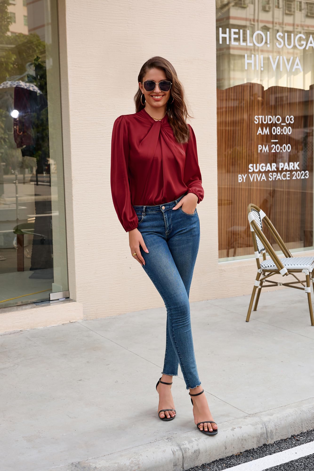 Ladies Workwear 2023 Trendy Summer Fall Mock Neck Lantern Long Sleeve Blouse Shirt Twist Front Top Wine Red XXL