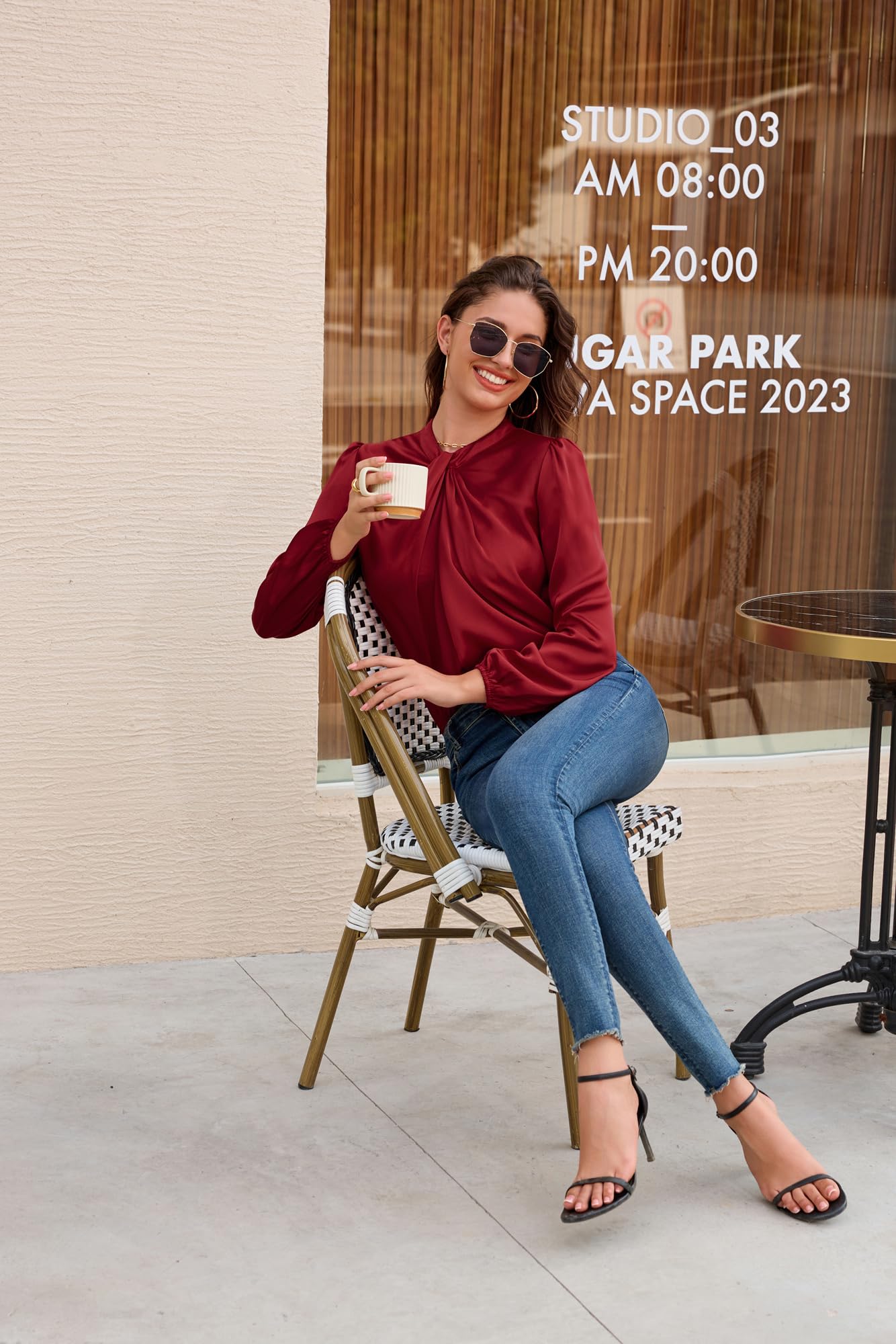 Ladies Workwear 2023 Trendy Summer Fall Mock Neck Lantern Long Sleeve Blouse Shirt Twist Front Top Wine Red XXL