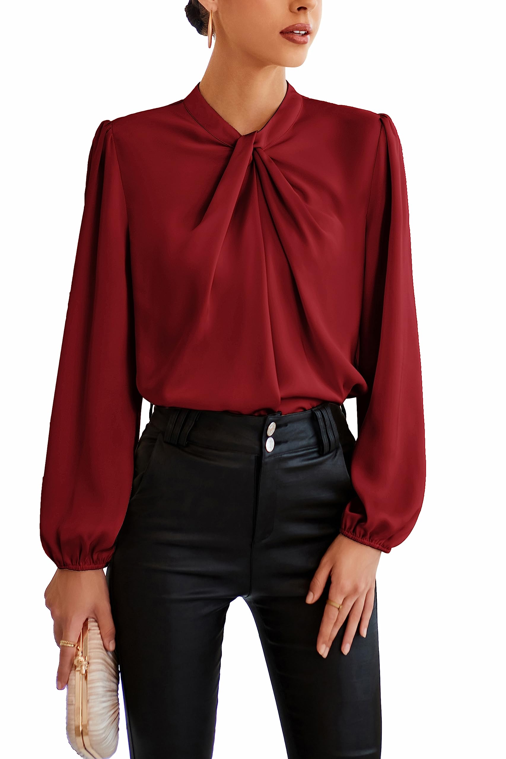 Ladies Workwear 2023 Trendy Summer Fall Mock Neck Lantern Long Sleeve Blouse Shirt Twist Front Top Wine Red XXL