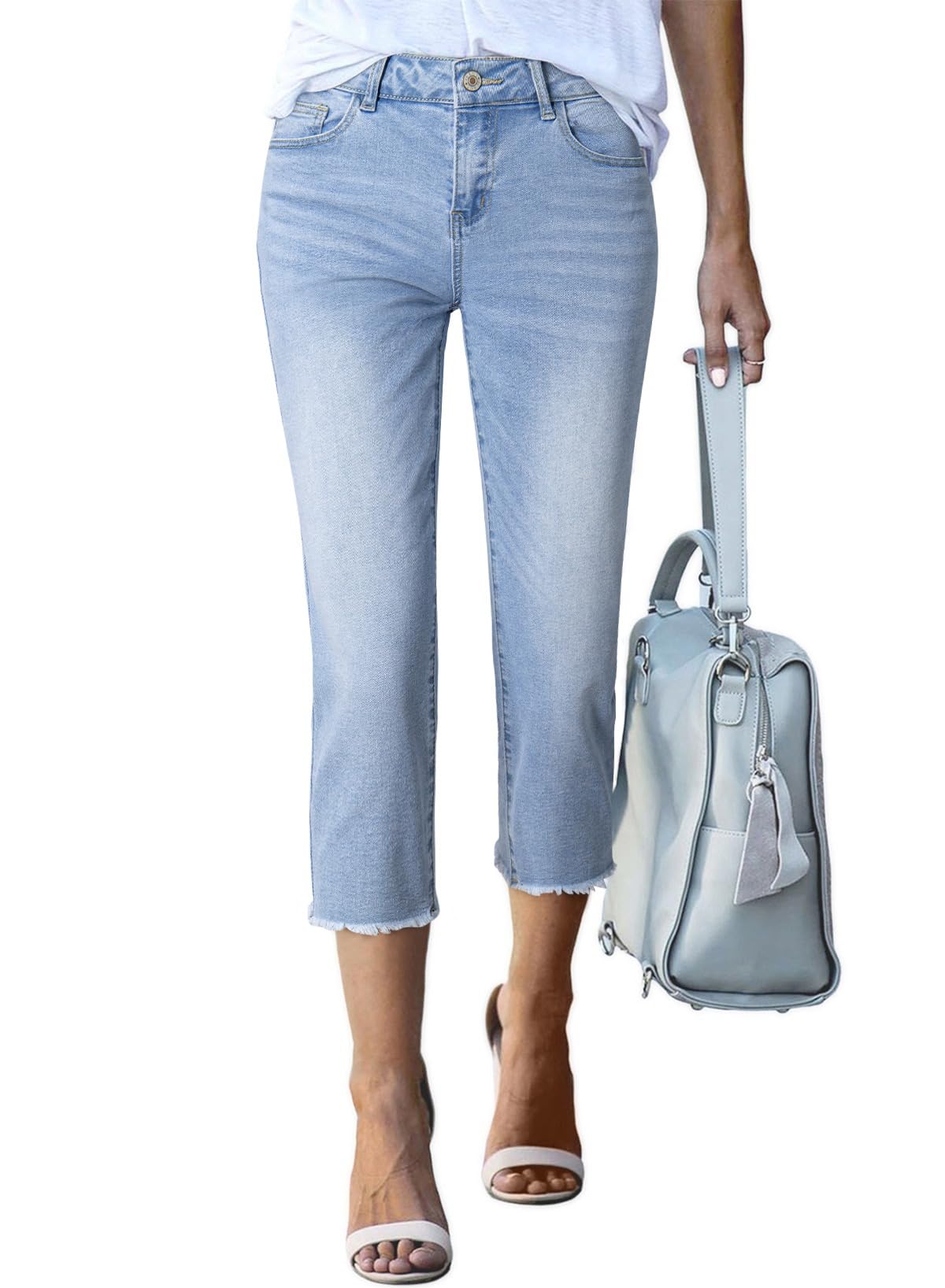 Sidefeel Jeans for Women Trendy 2024 High Waisted Stretchy Straight Leg Capri Denim Pants Sky Blue Size 18