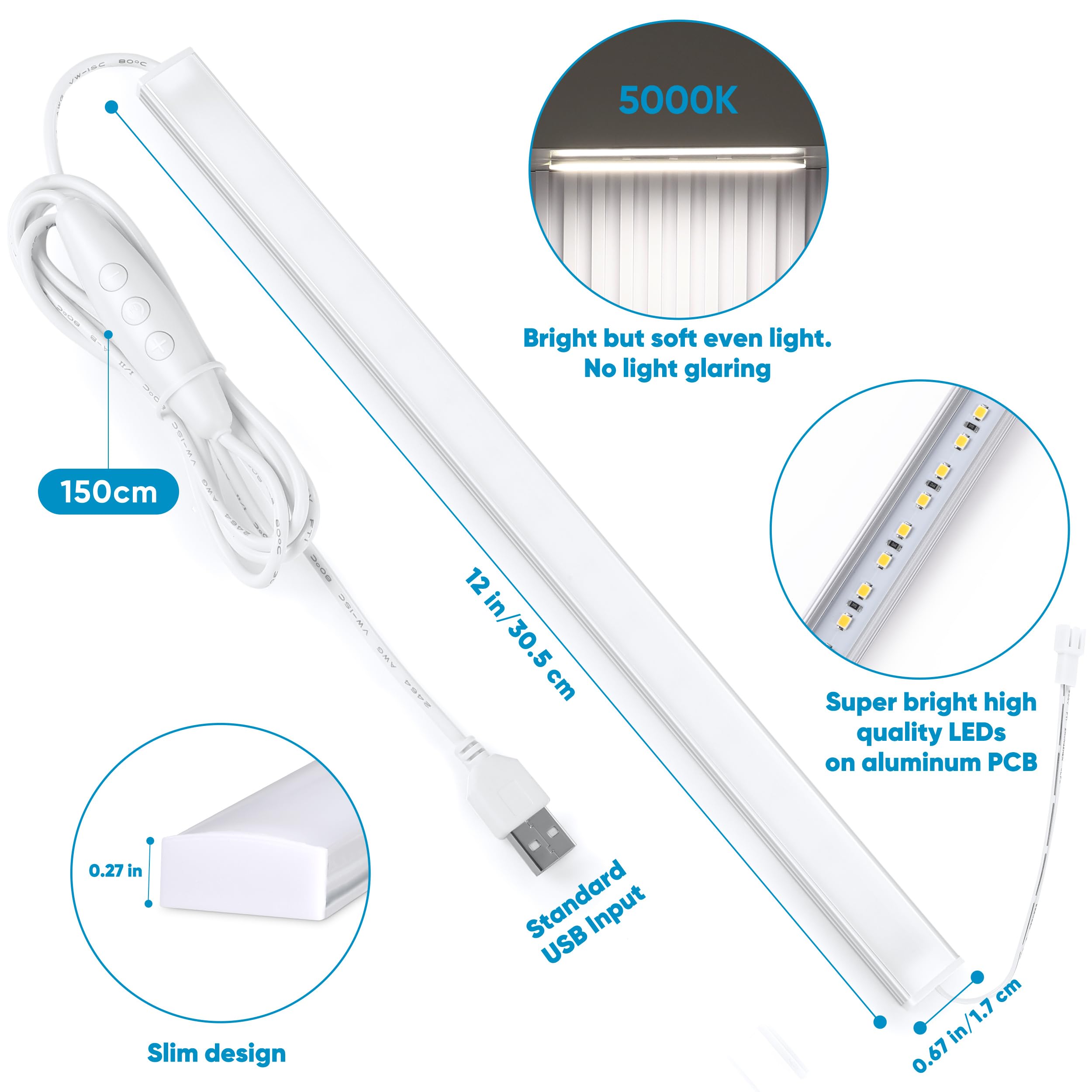 Litever Plug Under Cabinet Light Kit with Power Adapter, Dimmer, 2 pcs 12 Inch USB LED Light Bars. Dimmable Linkable for Kitchen Counter, Workbench, Coffee Station, Workspace, Closet. Daylight 5000K