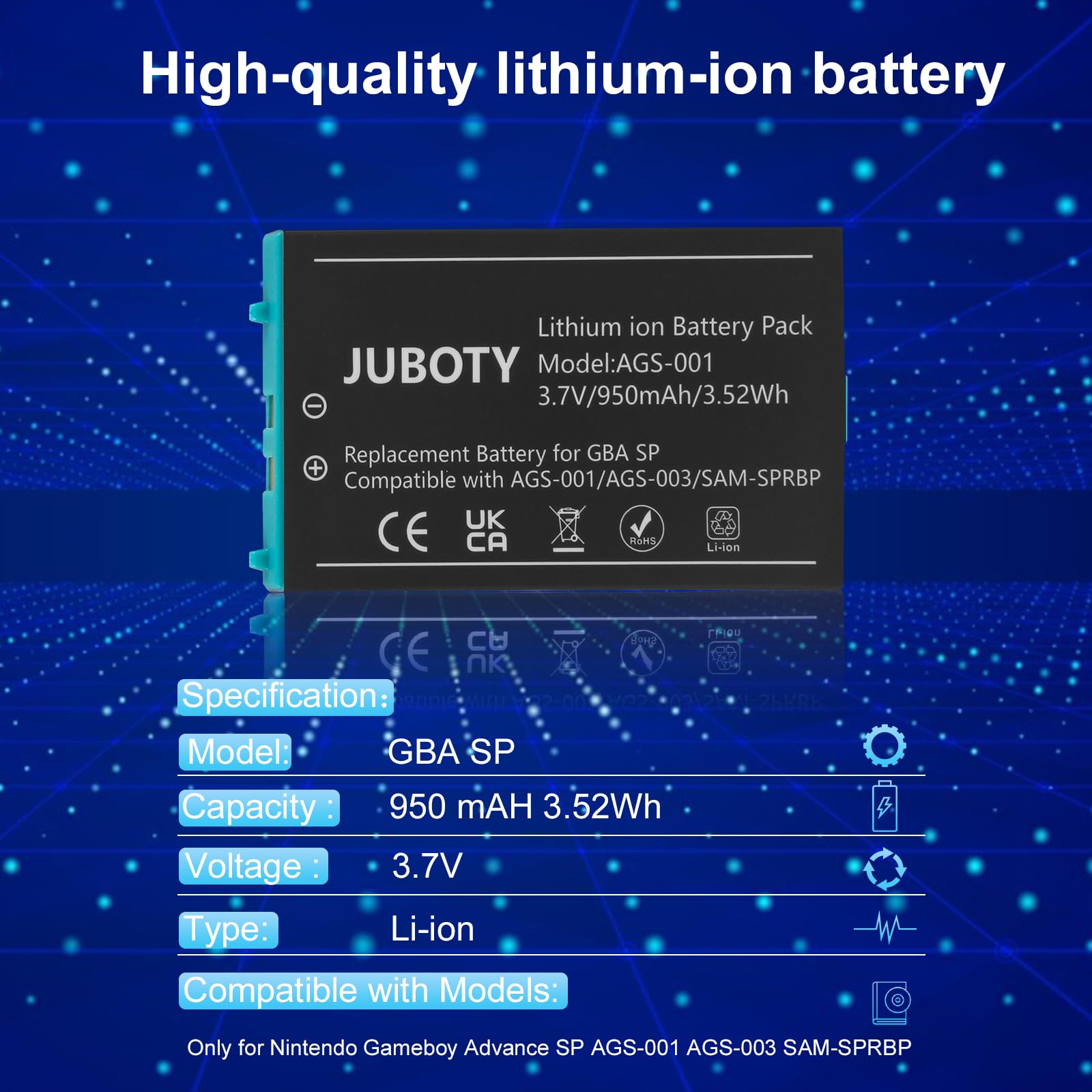 JUBOTY 950mAh 2023 New Upgrade GBA SP Battery Replacement for Nintendo Gameboy Advance SP Models AGS-001 AGS-003 SAM-SPRBP Game Console, Rechargeable Lithium-ion Battery with 1 Repair Tool