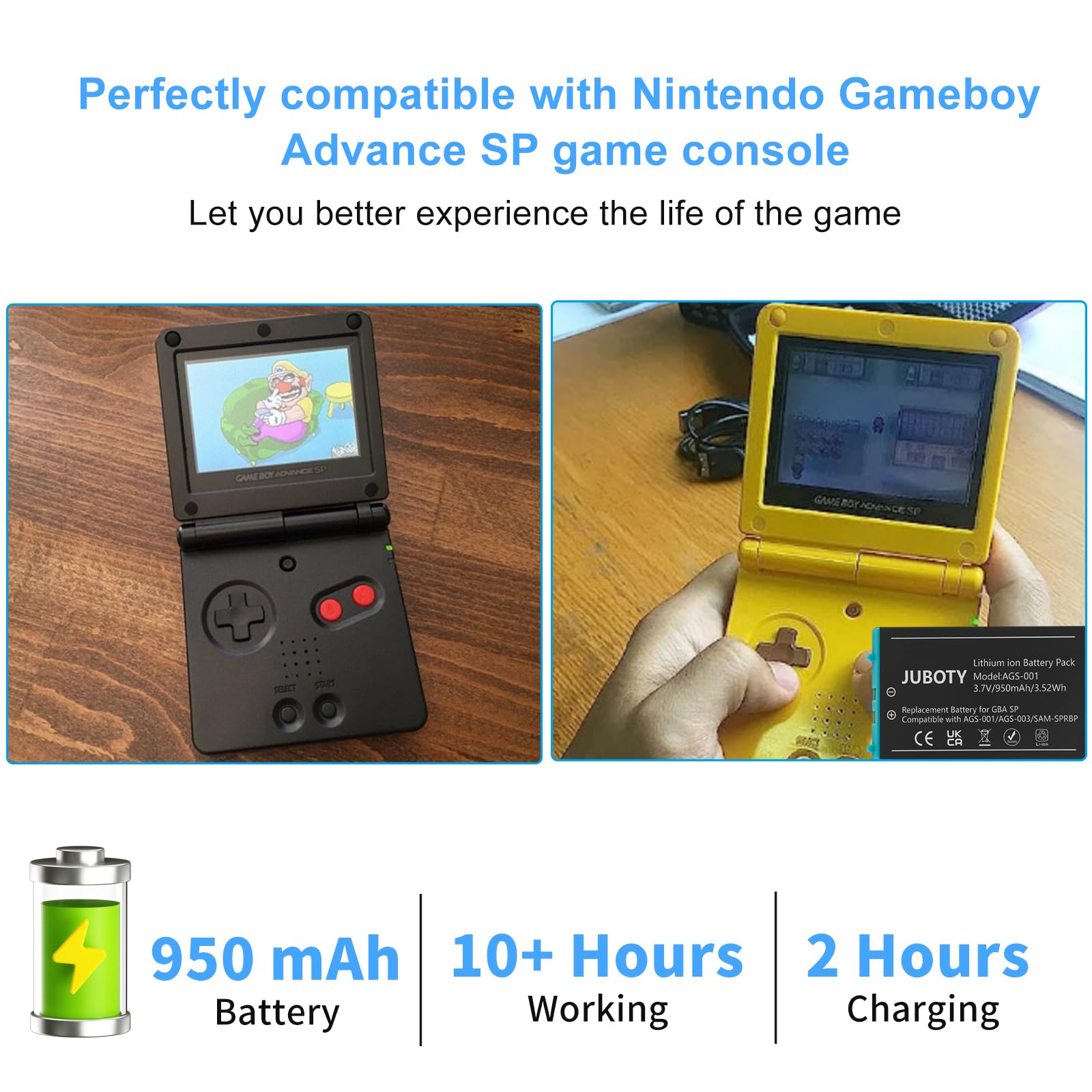 JUBOTY 950mAh 2023 New Upgrade GBA SP Battery Replacement for Nintendo Gameboy Advance SP Models AGS-001 AGS-003 SAM-SPRBP Game Console, Rechargeable Lithium-ion Battery with 1 Repair Tool