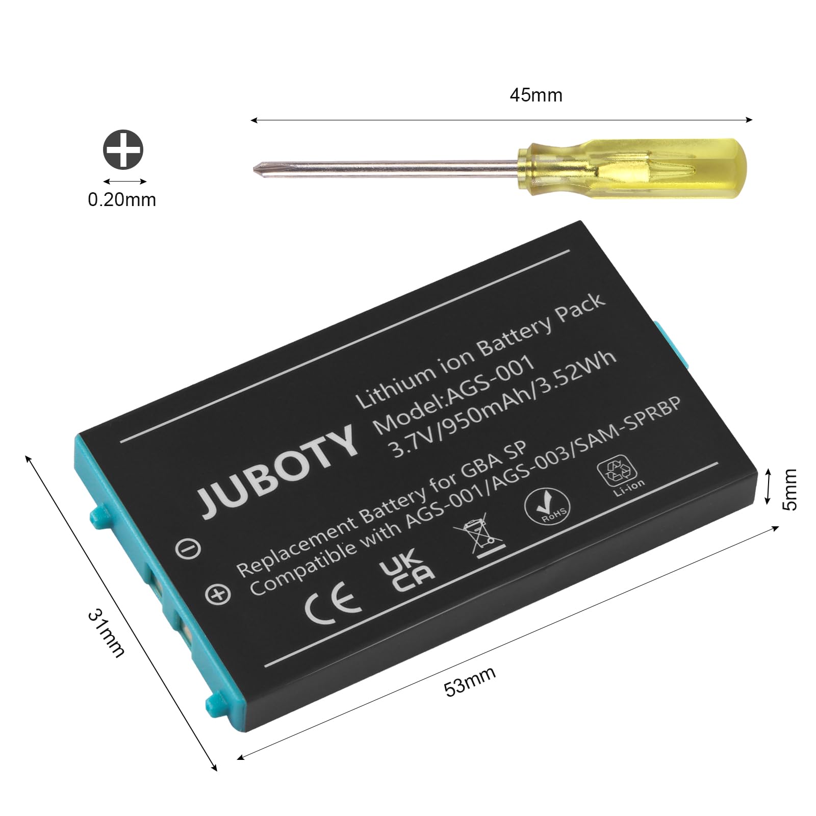 JUBOTY 950mAh 2023 New Upgrade GBA SP Battery Replacement for Nintendo Gameboy Advance SP Models AGS-001 AGS-003 SAM-SPRBP Game Console, Rechargeable Lithium-ion Battery with 1 Repair Tool