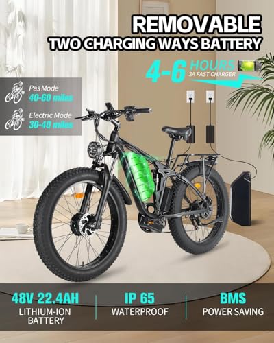 ikidsislands 2000W Electric Bike for Adults, Fat Tire Mountain Ebike, 35 MPH 48V 22.4AH AWD Ebikes, Dual Motor E Bikes for Men & Women (Black/Black)