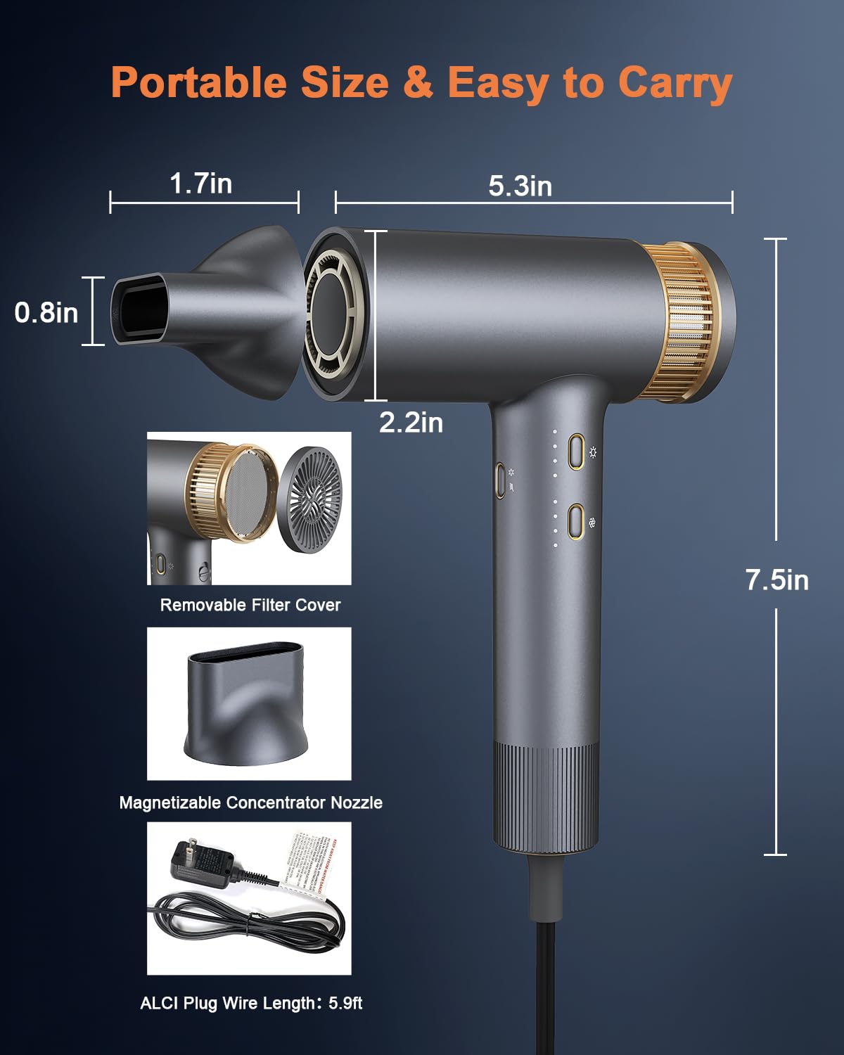 Edvision Hair Dryer with Nozzle, 200 Million Negative Ionic Blow Dryer, 110000rpm High-Speed Brushless Motor for Fast Drying, Powerful 1300W Low Noise Auto-Cleaning Thermal-Control Hairdryer, Grey