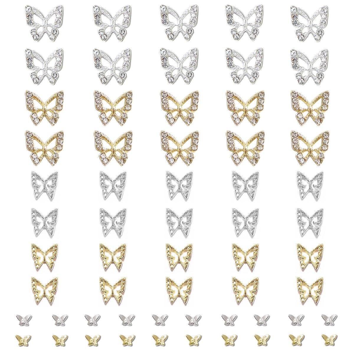 Butterfly Nail Charms, 60pcs 3D Golden Silver Butterfly Charms for Acrylic Nails, 20 Butterflies Nail Rhinestones Gems Charms +40 Alloy Studs, Nail Art Crystals Diamonds Decor Supplies for Nails DIY