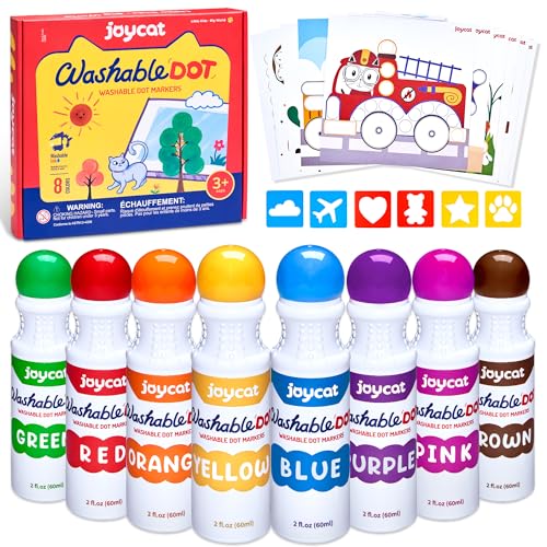 JoyCat Washable Dot Markers for Kids,8 Colors 2.1 fl.oz Non Toxic Dot Paint Markers with 123 PDF &10 Physical Activity Papers,6 Stencils,Bingo Daubers for Toddler 3+,Ideal Arts and Crafts Supplies