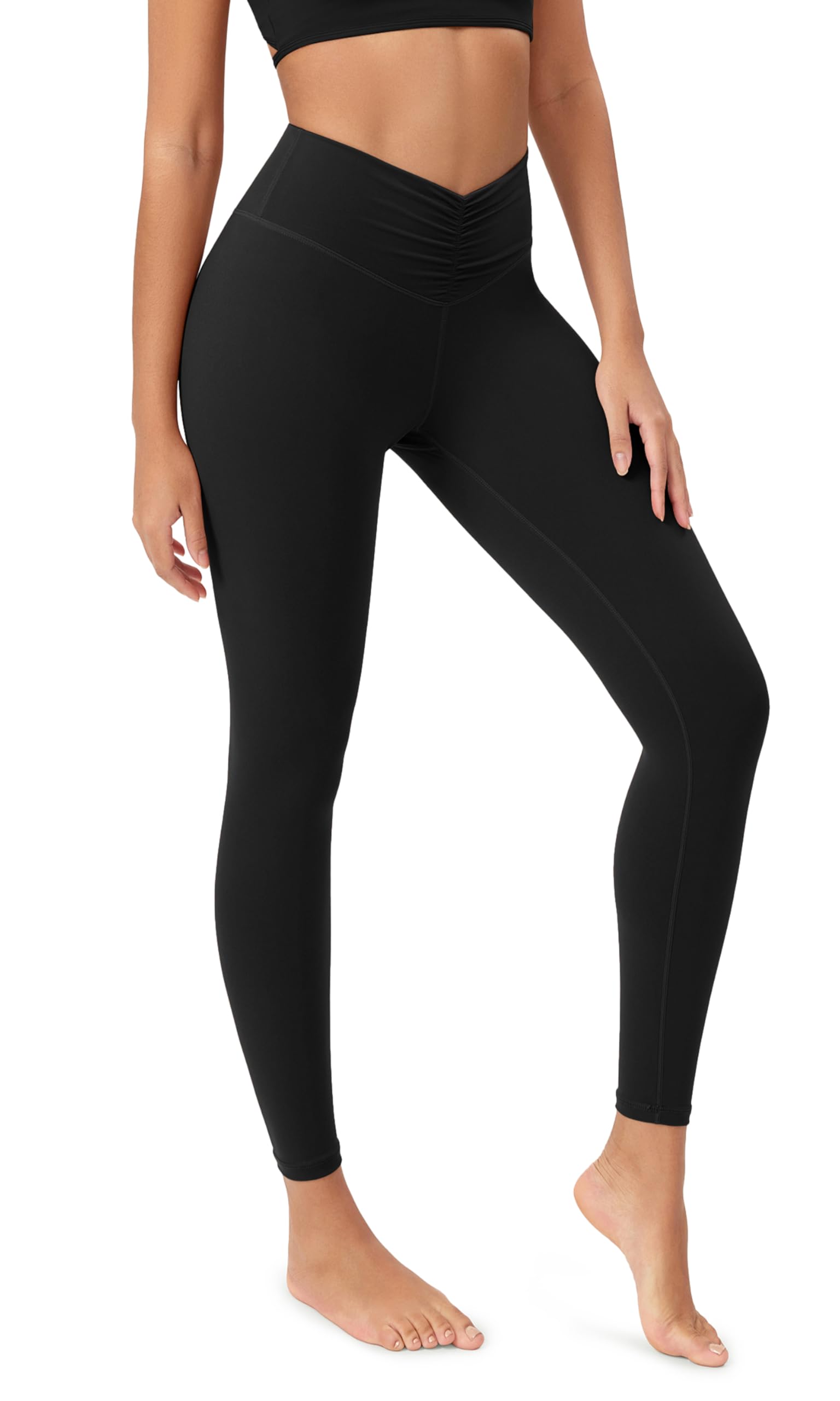 ODODOS Cloud Feeling Ruched Yoga Leggings for Women 7/8 Length High Waist Crossover Yoga Pants, Black, X-Small