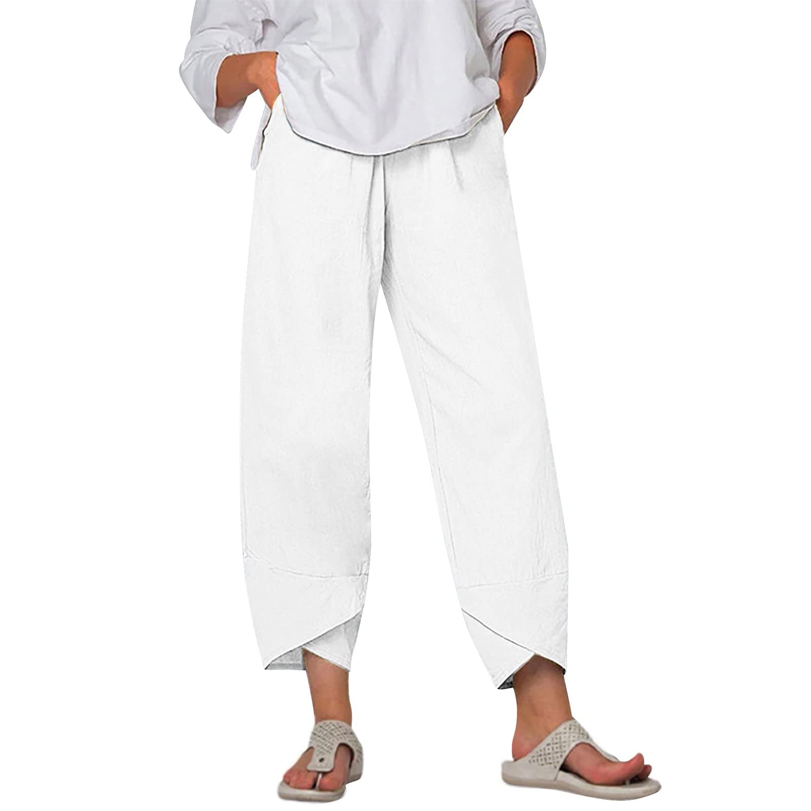FEDULKSTORE Womens Cotton Linen Wide Leg Pants Summer Casual High Waisted Palazzo Pants Baggy Lounge Beach Trousers(#01 White,Large)