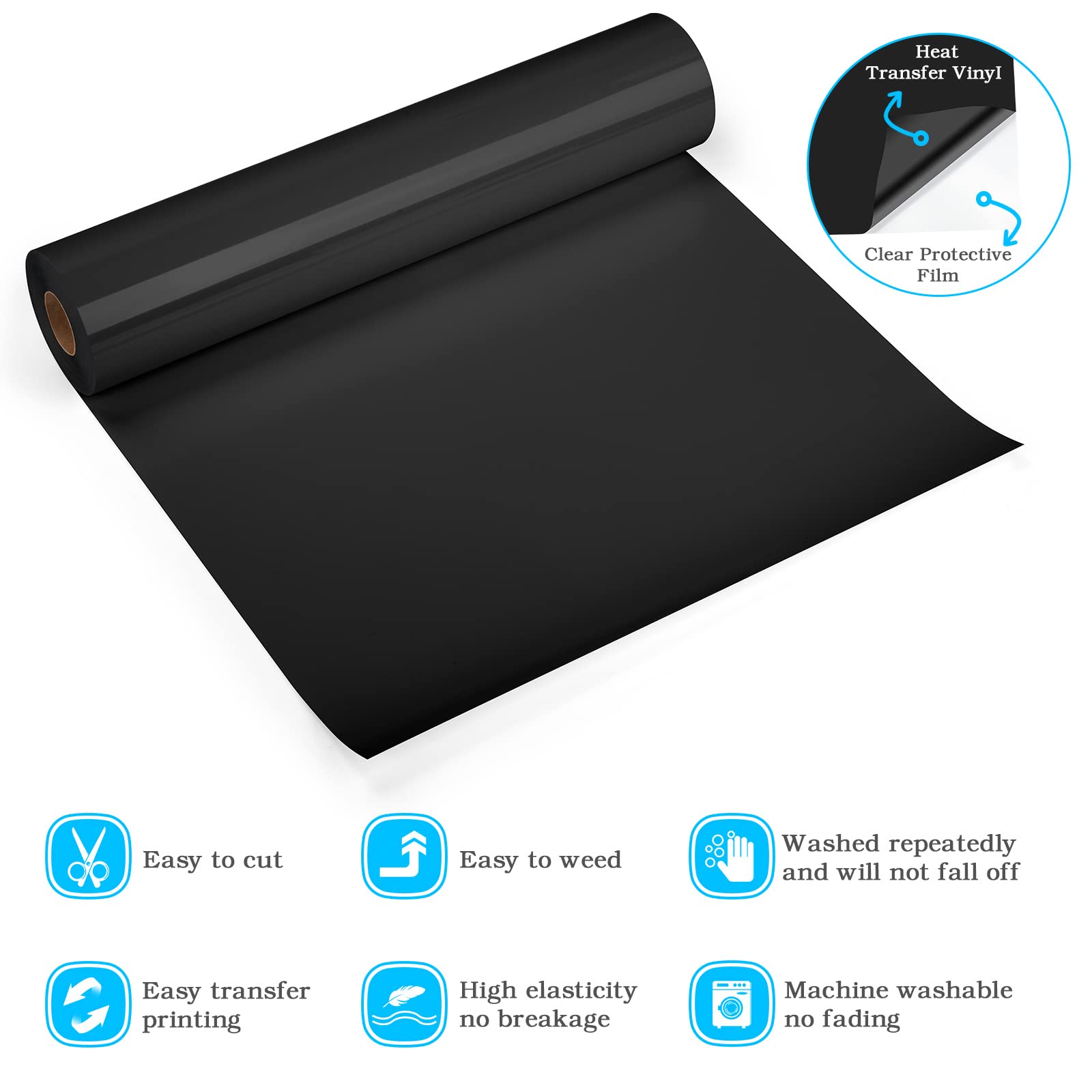 Black Heat Transfer Vinyl 12" x 35ft Black HTV Vinyl Roll, Heat Transfer Vinyl for T Shirts, Black Iron on Vinyl for Cricut & Cameo, Silhouette, Easy to Cut & Weed