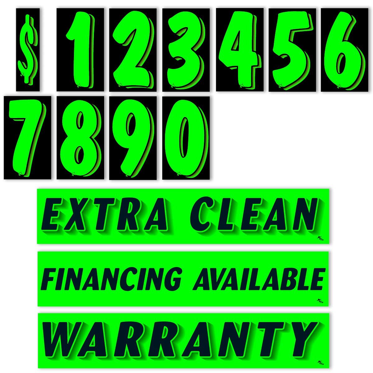 VERSA-TAGS 7.5" Black/Green Vinyl Number Decals 11 Dozen Set Windshield Pricing & 1 Pack of Each of Extra Clean, Financing Available, Warranty 14.5" x 2.75" Sticker Windshield Decal Auto Dealership