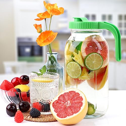 Mason Jar Pitcher With Pour Spout Handle Lid 32 OZ Wide Mouth Glass Pitcher 1 Quart Leak Proof Airtight Jugs With Flip Cap For Iced Coffee, Sun Tea, Lemonade, Cold Brew Tea, Milk